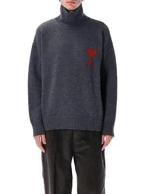 AMI Paris Wool Turtleneck Sweater With Intarsia Motif - Grigio