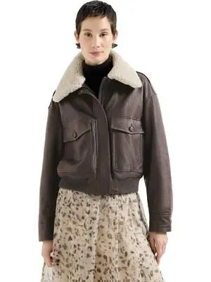 Brunello Cucinelli Polished Nappa Leather Aviator Jacket With Detachable Shearling Collar And Monili - Coffee