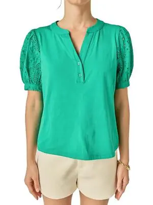 English Factory Mixed Media Eyelet Sleeve Top - Green