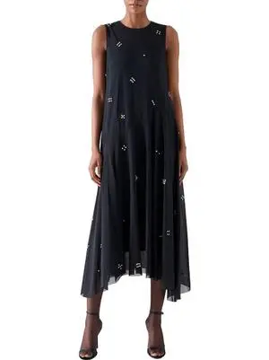 Akris Diamond Dice Mesh Tiered Midi Dress - Black