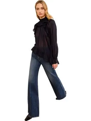 Ulla Johnson Marcella Long Sleeve Cotton Blouse With Polka Dot Motifs And Velvet Trim - Nightfall