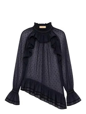 Ulla Johnson Marcella Long Sleeve Cotton Blouse With Polka Dot Motifs And Velvet Trim Nightfall