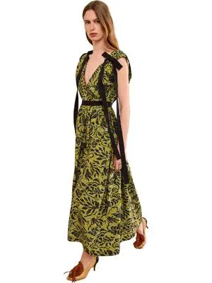 Ulla Johnson Karina Cotton Bow Dress With Floral Print - Chartreuse