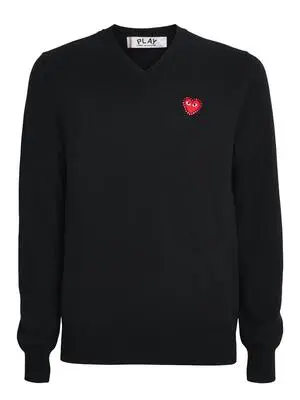 Play Comme Des Garcon Embellished Heart V-neck Wool Sweater - Black