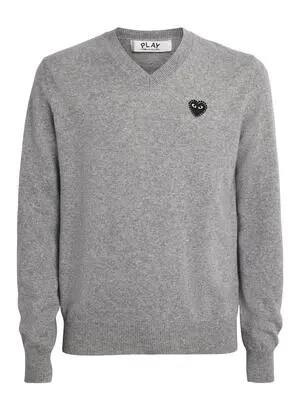 Play Comme Des Garcon Wool V-neck Rhinestone Heart Sweater - Grey