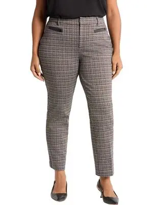 LIVERPOOL Faux Leather Trim Checkered Tapered Pants - Black Tan Checkered
