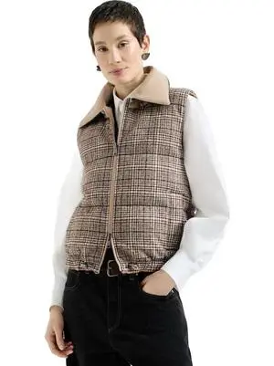 Brunello Cucinelli Reversible Down Vest With Detachable Leather Collar And Monili - Camel
