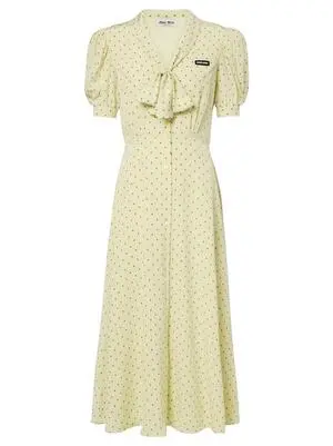 Miu Miu Polka-dot Tie-neck Silk Midi Dress - Yellow