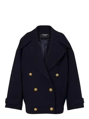 Balmain Oversized Virgin Wool Peacoat - Blue