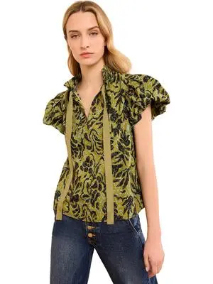 Ulla Johnson Estela Short Sleeve Cotton Top With Bubble Sleeves And Ruffle Collar - Chartreuse