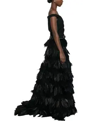 VESTIAIRE D'UN OISEAU LIBRE Feather-embellished Maxi Skirt - Black