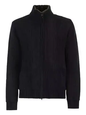 Herno Zip-up Textured Knit Sweater With Faux Fur Collar - Blue