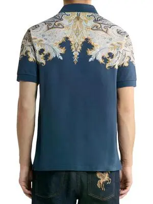 Etro Cotton Pique Polo Shirt With Placed Print - Blue