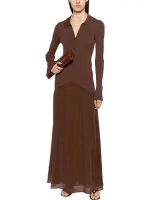 Patrizia Pepe Ribbed Knit Maxi Dress With Button-up Polo Collar - Brown