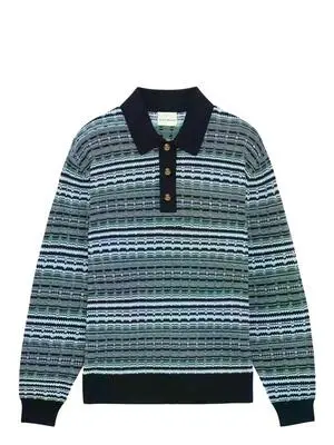 Drole De Monsieur Patterned Intarsia Knit Polo Sweater - Blue