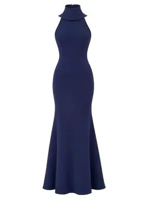 Badgley Mischka Navy Draped Crepe Gown - Blue