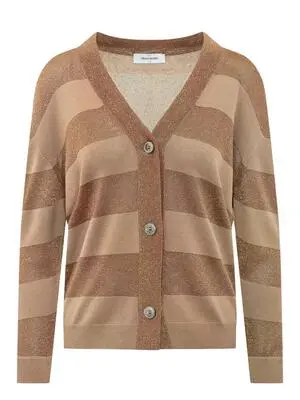 GRAN SASSO Striped V-neck Cardigan With Lurex Detailing - Neutrals