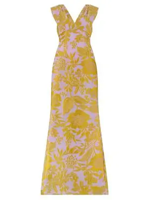 Lela Rose Lela Rose Floral Fil Coupé V-Neck Maxi Dress Pink