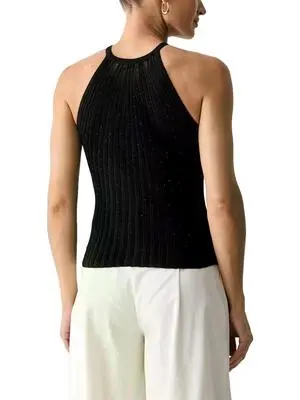 Guess Rhinestone Embellished Ribbed Halter Neck Top - Black