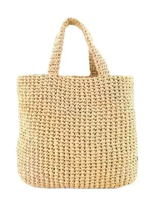 Prada Logo Raffia Small Tote Bag - Neutrals