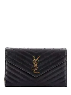 Saint Laurent Classic Monogram Wallet On Chain Matelasse Chevron Leather Medium Crossbody Bag - Black