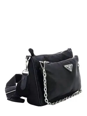 Prada Double Pouch Convertible T Tecido Small Crossbody Bag - Black