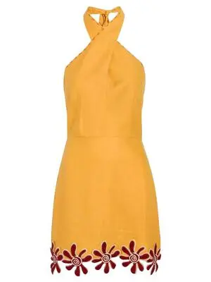 CALA DE LA CRUZ Linen Floral-appliqué Halterneck Mini Dress - Yellow