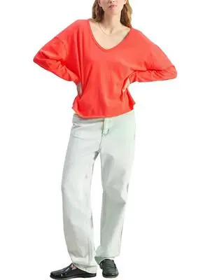 American Vintage Sonoma V-neck T-shirt With Slub Texture And Raw-cut Hem - Red