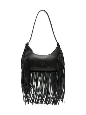 Patrizia Pepe Fringe Detail Leather Shoulder Bag - Black