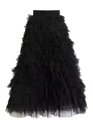 GEMY MAALOUF Tiered Ruffled Tulle Midi Skirt - Black