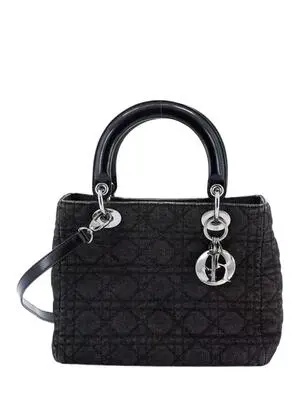 Dior Vintage Lady Bag Cannage Quilt Denim Tote Bag - Black