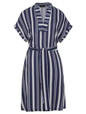 CONQUISTA Striped Sleeveless Midi Dress With Mandarin Collar And Belt - Blue