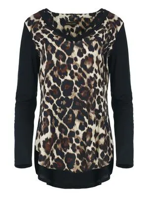 CONQUISTA Animal Print Mixed Media V-neck Top - Black
