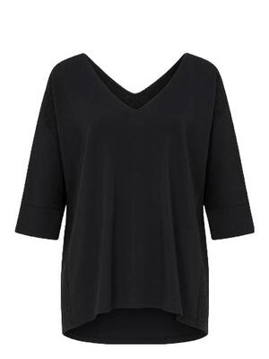 CONQUISTA Loose Fit V-neck Top With 3/4 Sleeves - Black