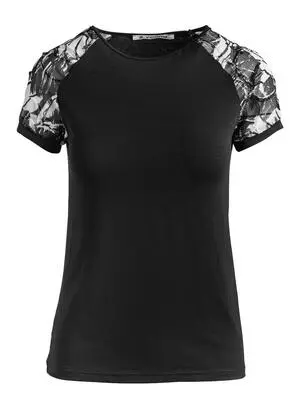 CONQUISTA Stretch Jersey Top With Net Jacquard Sleeves - Black