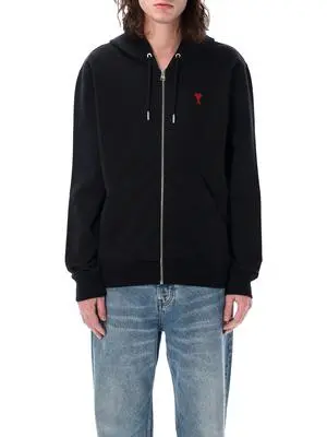 AMI Paris AMI PARIS Loopback Organic Cotton Zip-Up Hoodie With Logo Embroidery Nero