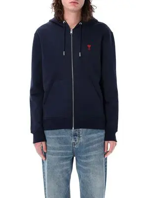 AMI Paris Zipped Hooded Hoodie In Loopback Organic Cotton Fleece - Blu