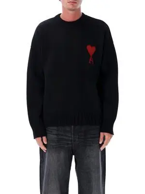 AMI Paris Of Coeur Wool Crewneck Sweater With Intarsia - Nero