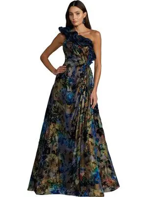 Mac Duggal One Shoulder Burnout Velvet Gown - Black Multi