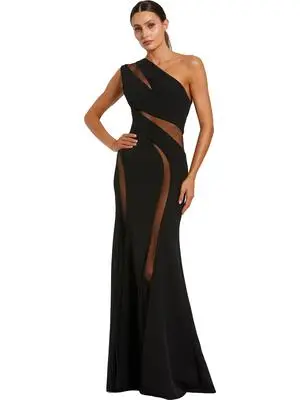 Mac Duggal One-shoulder Crepe Gown With Illusion Cutouts - Black