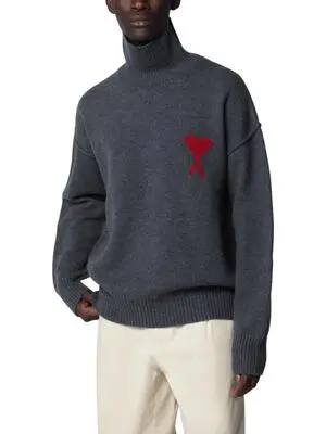 AMI Paris Wool Turtleneck Sweater With De Coeur Logo - Grey