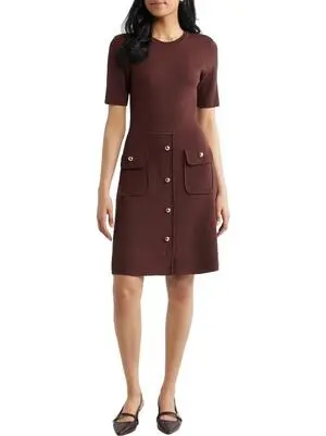 Eliza J Short Sleeve A-line Sweater Dress With Patch Pockets - Chocolate
