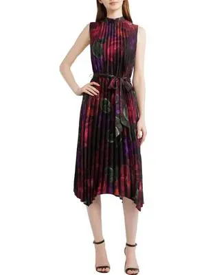 TAHARI ASL Matte Charmeuse Tie Waist Midi Dress - Black Multi