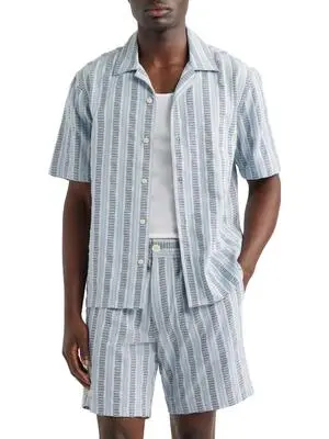 WAX LONDON Didcot Stripe Cotton Dobby Camp Shirt - Blue