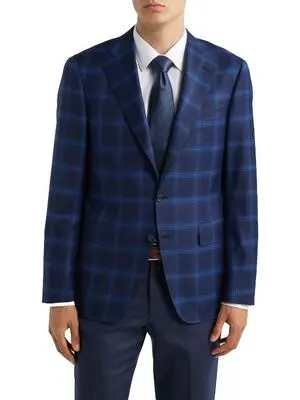 Canali Siena Regular Fit Windowpane Check Super 130s Wool Sport Coat - Navy