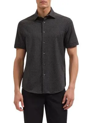 Bugatchi Miles Ooohcotton® Geo Print Short Sleeve Button-up Shirt - Black