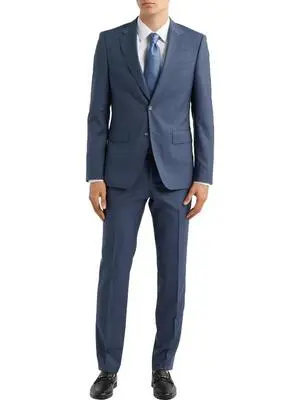 BOSS Huge Slim Fit Blue Microcheck Virgin Wool Suit - Navy