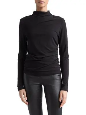 Vince Side Drape Funnel Neck Top - Black