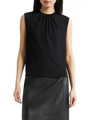 Vince Gathered Jewel Neck Sleeveless Top - Black