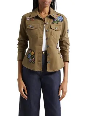 Cinq À Sept Garden Patches Embellished Stretch Twill Shirt Jacket - Dark Olive Multi